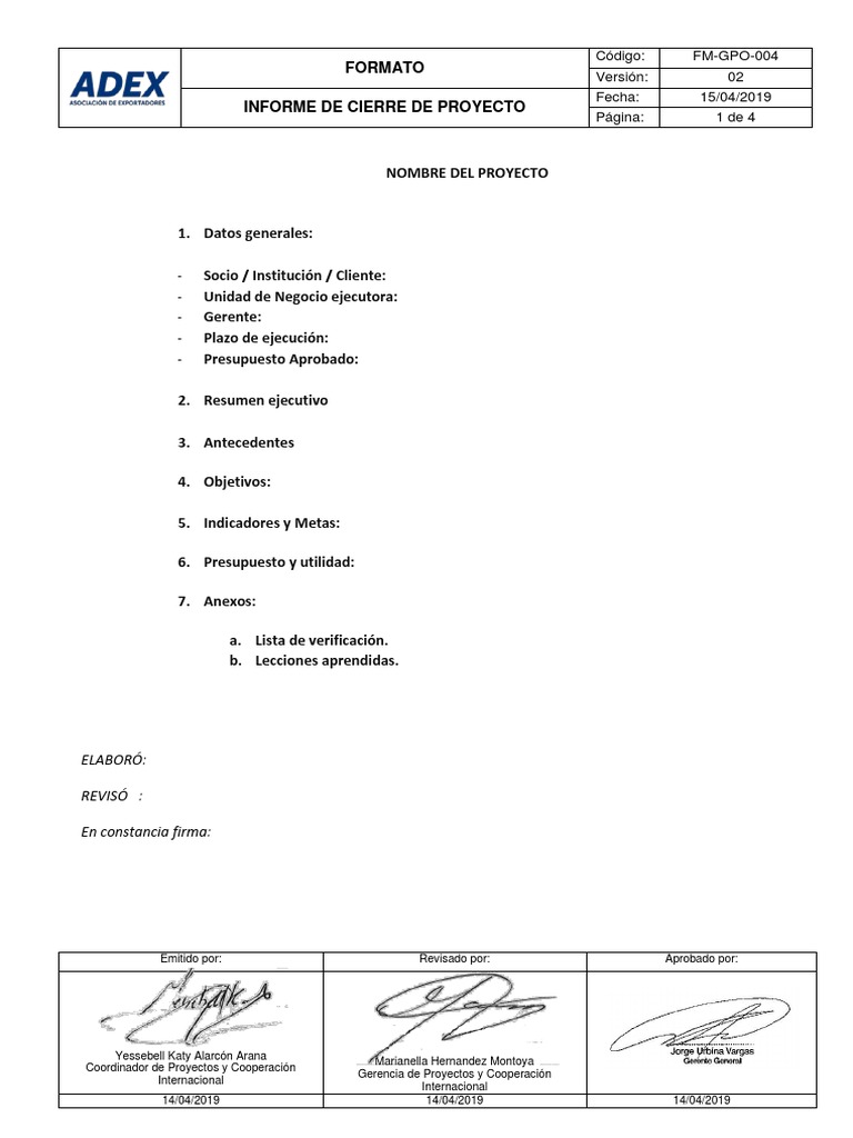 Fm-Gpo-004 Informe de Cierre de Proyecto. | PDF