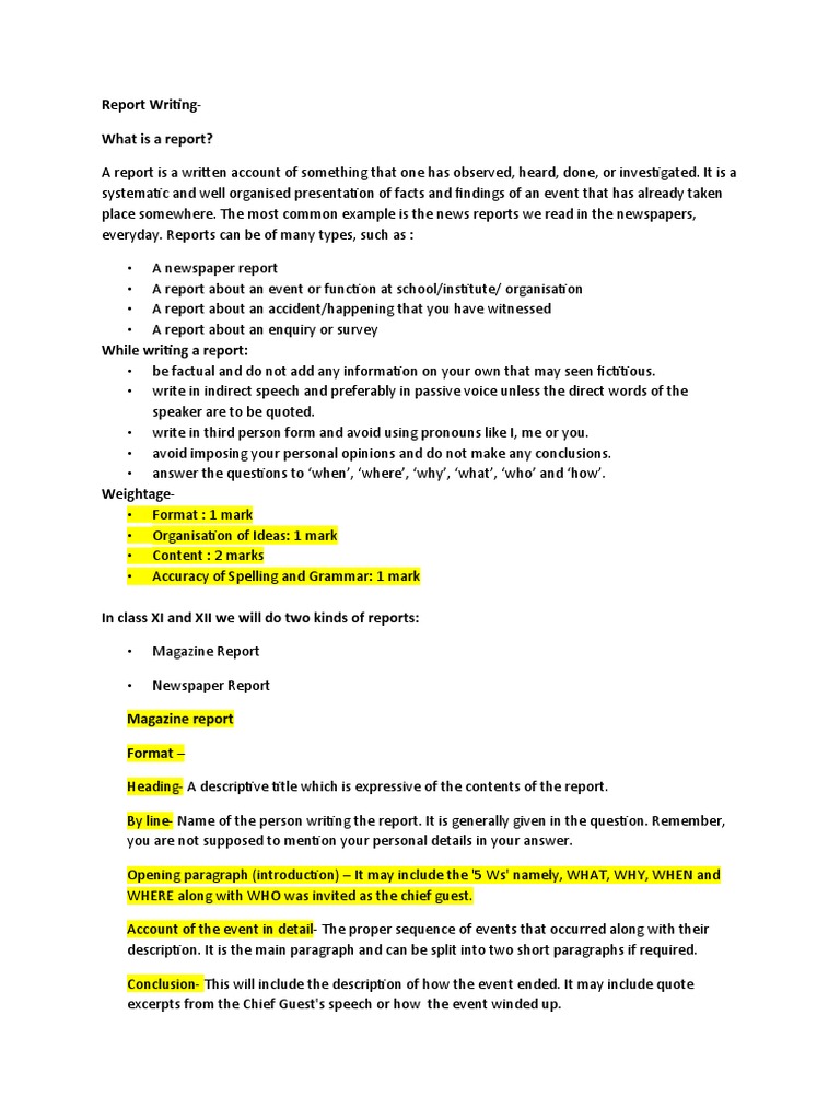 Report Writing Handout Pdf