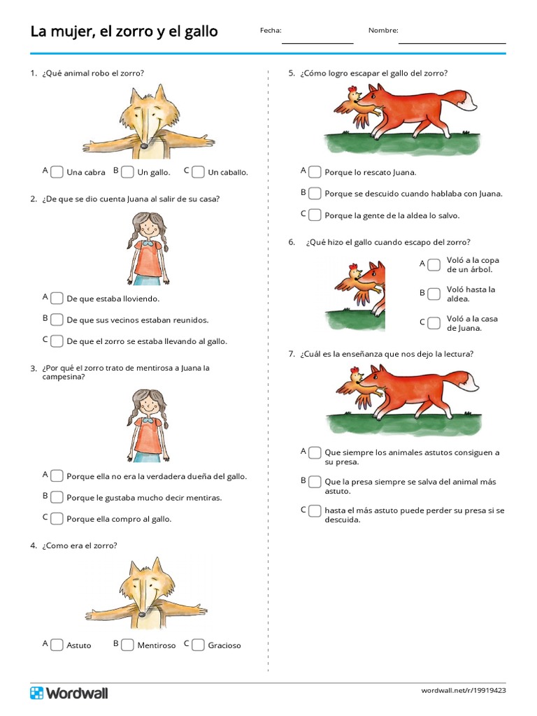 la-mujer-el-zorro-y-el-gallo-cuestionario | PDF