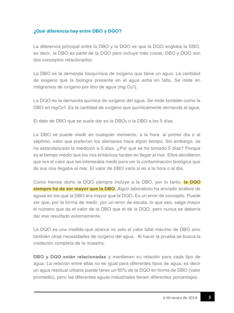 Diferencias entre DBO y DQO en agua | PDF | Compuestos químicos | Mole ...
