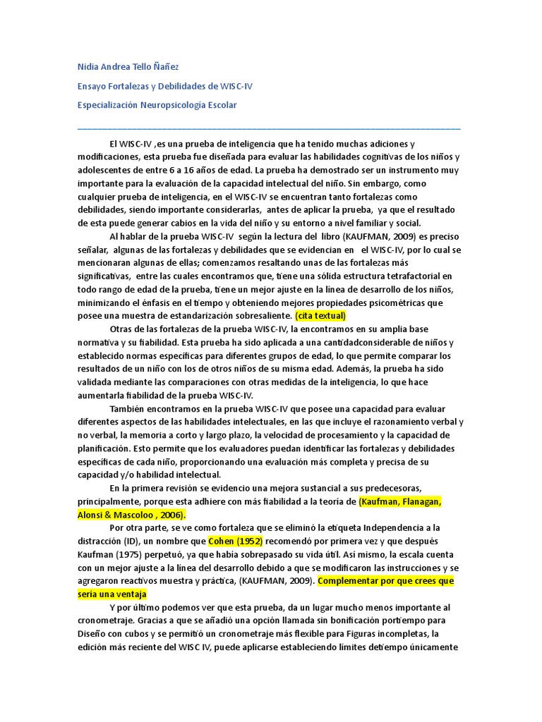 Ensayo WISC IV | PDF | Inteligencia | Aprendizaje