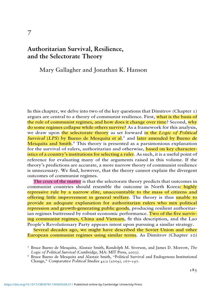 Authoritarian Survival Resilience and the Selectorate Theory | PDF