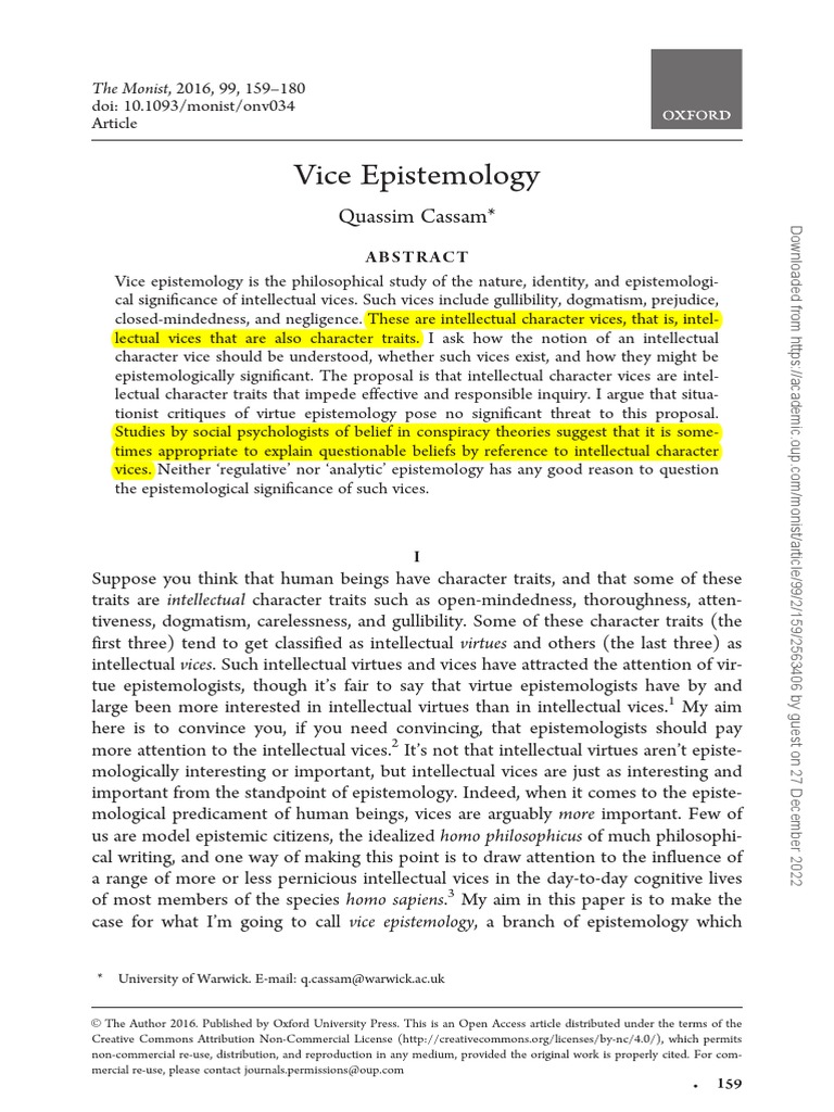 +CassamQ (2016) Vice Epistemology (The Monist) | PDF