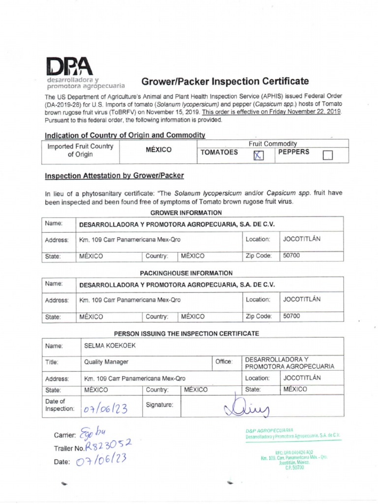Grower/Packer Inspection Certificate: Prom®tora Agropefuaria | PDF | Law