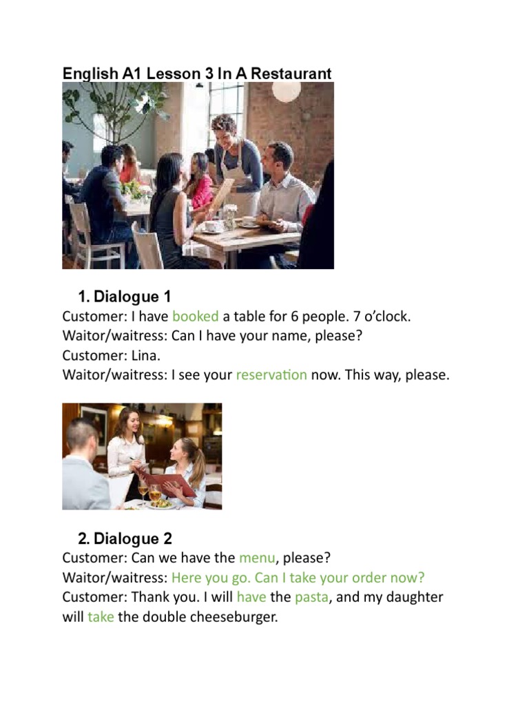 English A1 Lesson 3 in A Restaurant | PDF