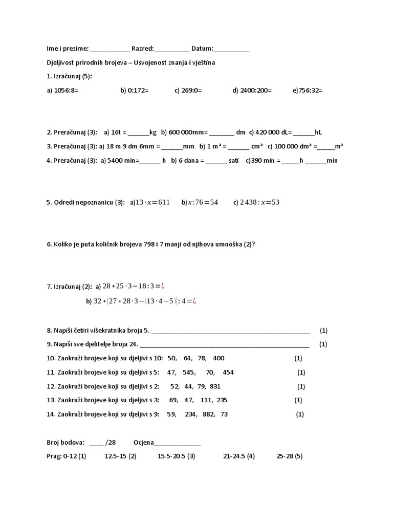 Djeljivost Prirodnih Brojeva - Ispit Znanja | PDF