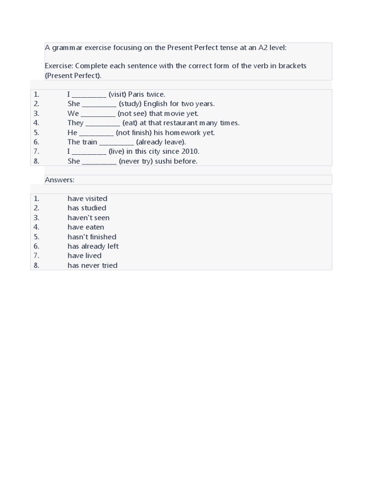 A Grammar Exercise Present Perfect A2 Level | PDF | Art