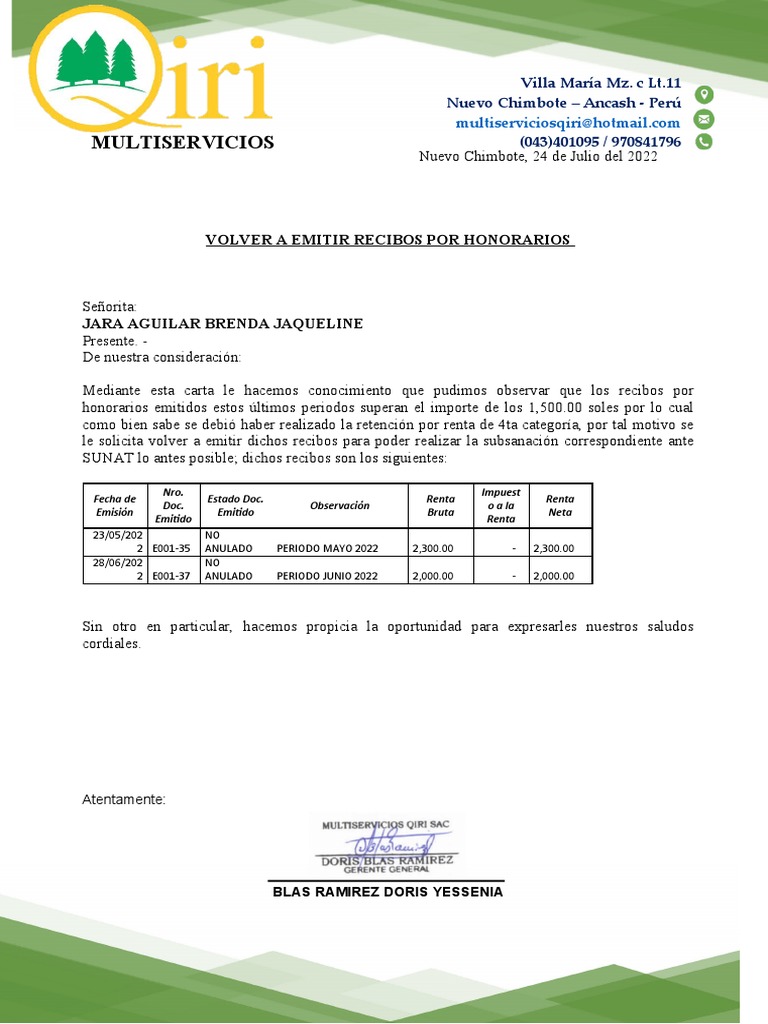 Carta Volver A Emitir RH | PDF