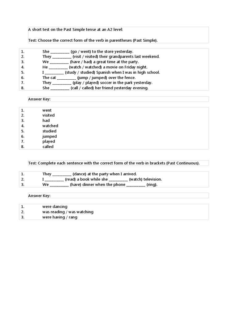 A2 Past Simple & Continuous Test | PDF