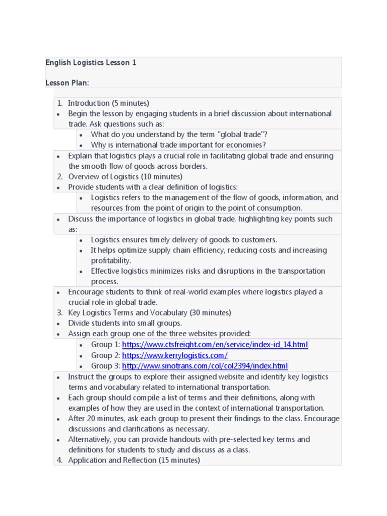 English Logistics Lesson 1 Lesson Plan | PDF | Logistics | Lesson Plan