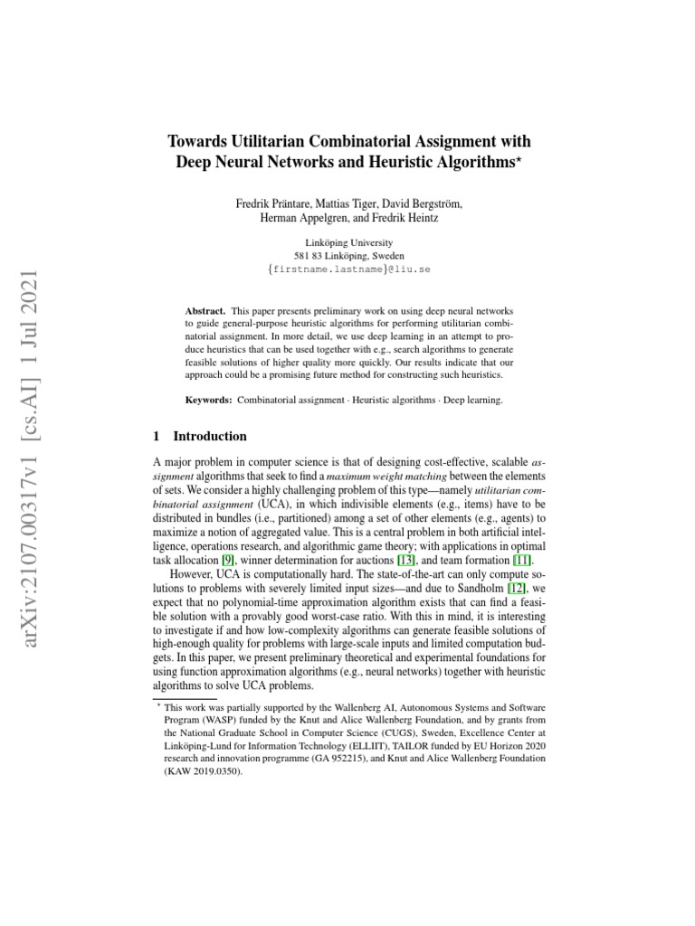 Towards Utilitarian Combinatorial Assignment With Deep Learning | PDF | Mathematical ...