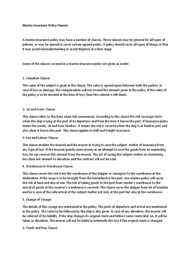 Marine Insurance Policy Clauses | PDF | Insurance | Business Law