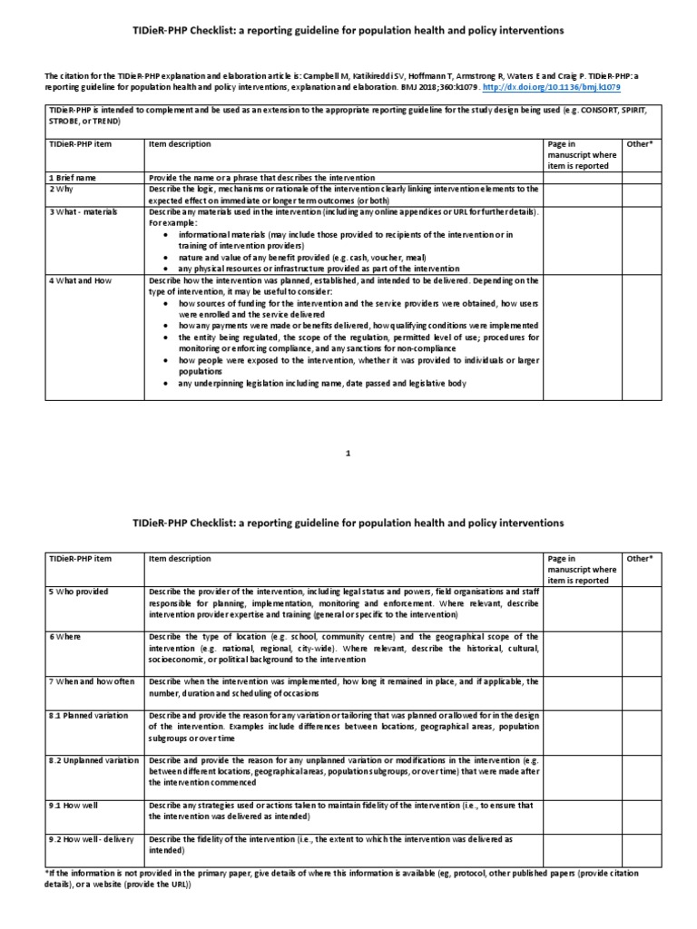 TIDieR PHP Checklist | PDF | Policy | Regulatory Compliance
