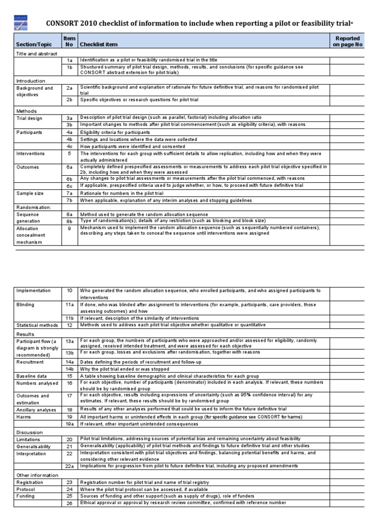 CONSORT extension for Pilot and Feasibility Trials Checklist | PDF