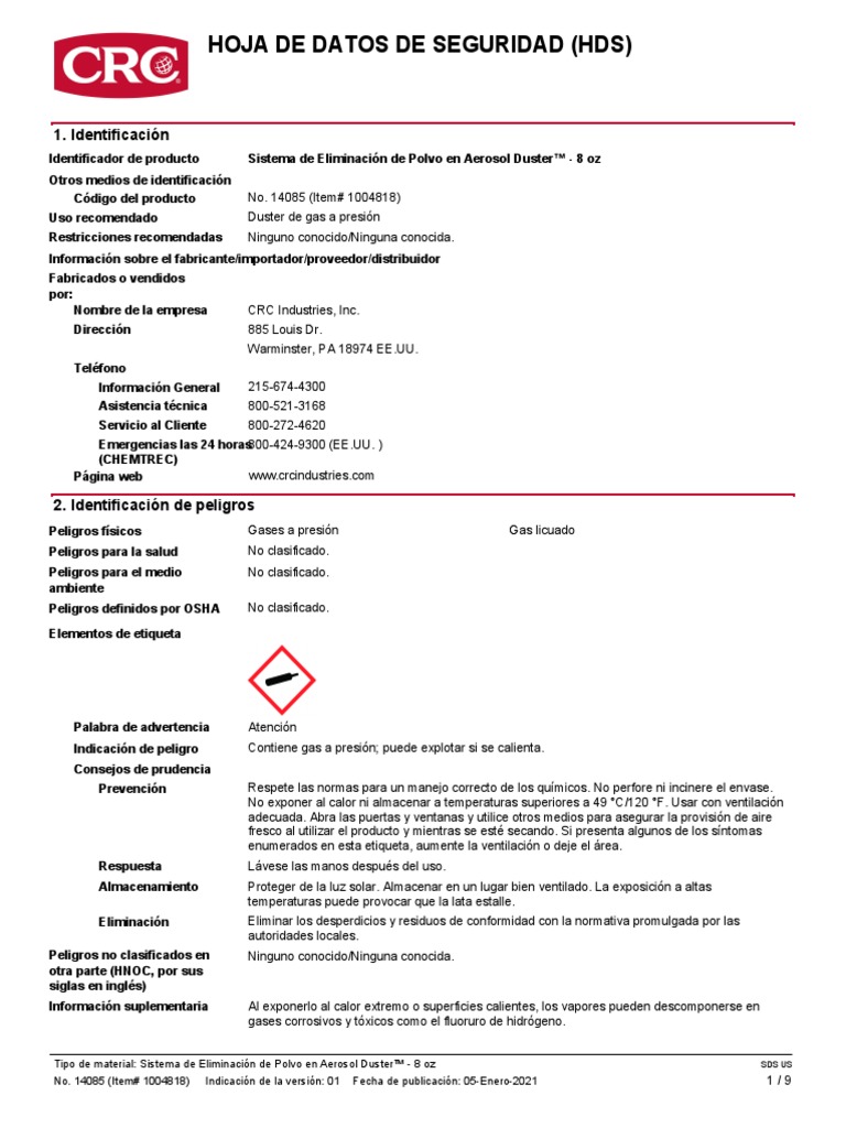 Msds - CRC - Duster Aerosol Dust Renoval System | PDF