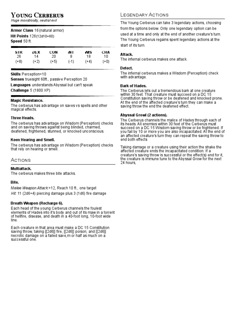D&D Monster: Young Cerberus Stats | PDF | Law