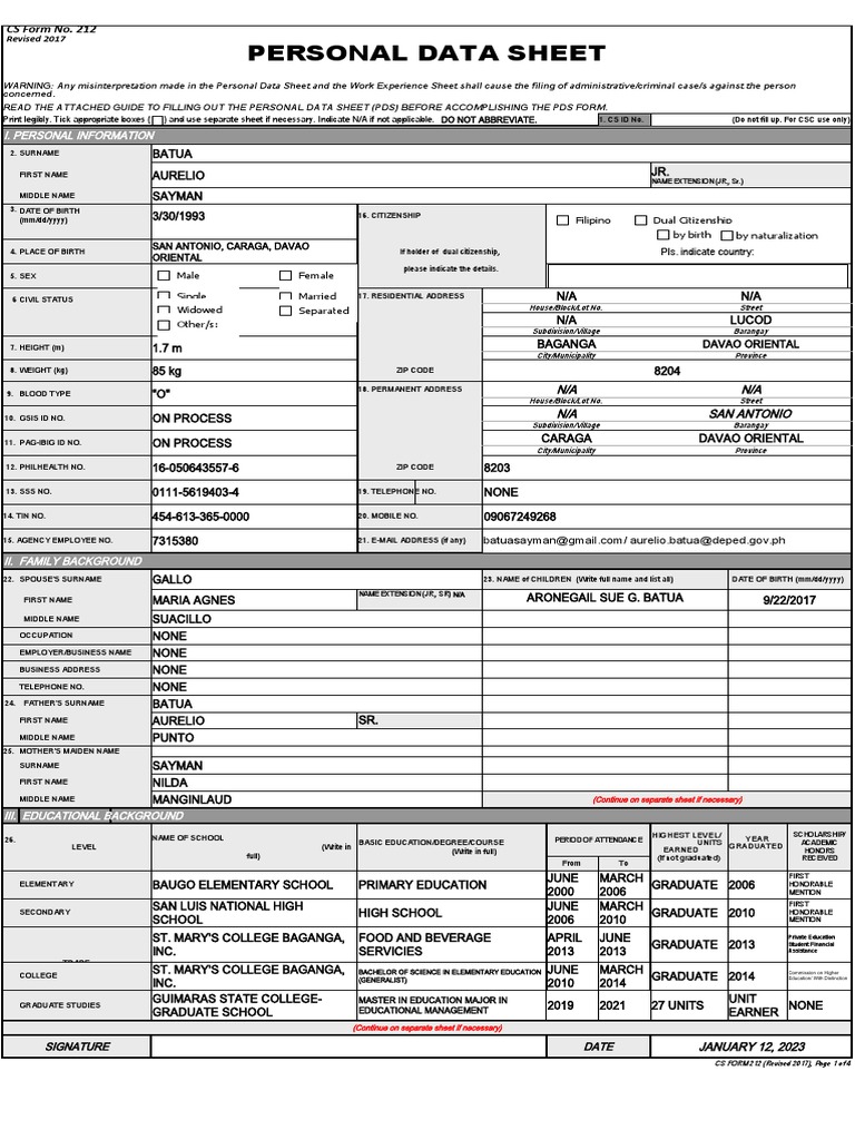 CS Form No. 212 Pds JAN 2023 | PDF