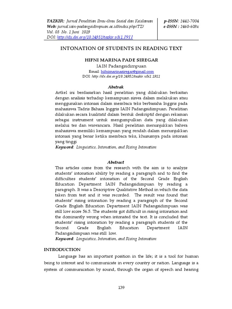 Intonation of Students in Reading Text | PDF