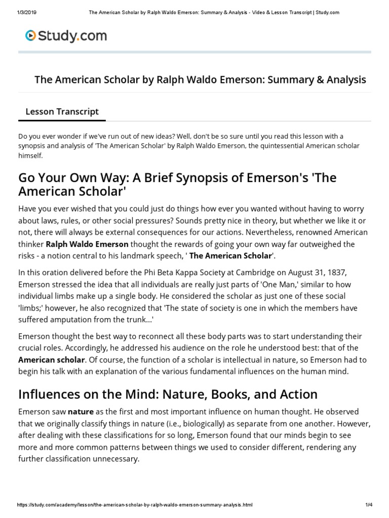 Emerson's Scholar: Mind & Transcendence | PDF | Ralph Waldo Emerson ...