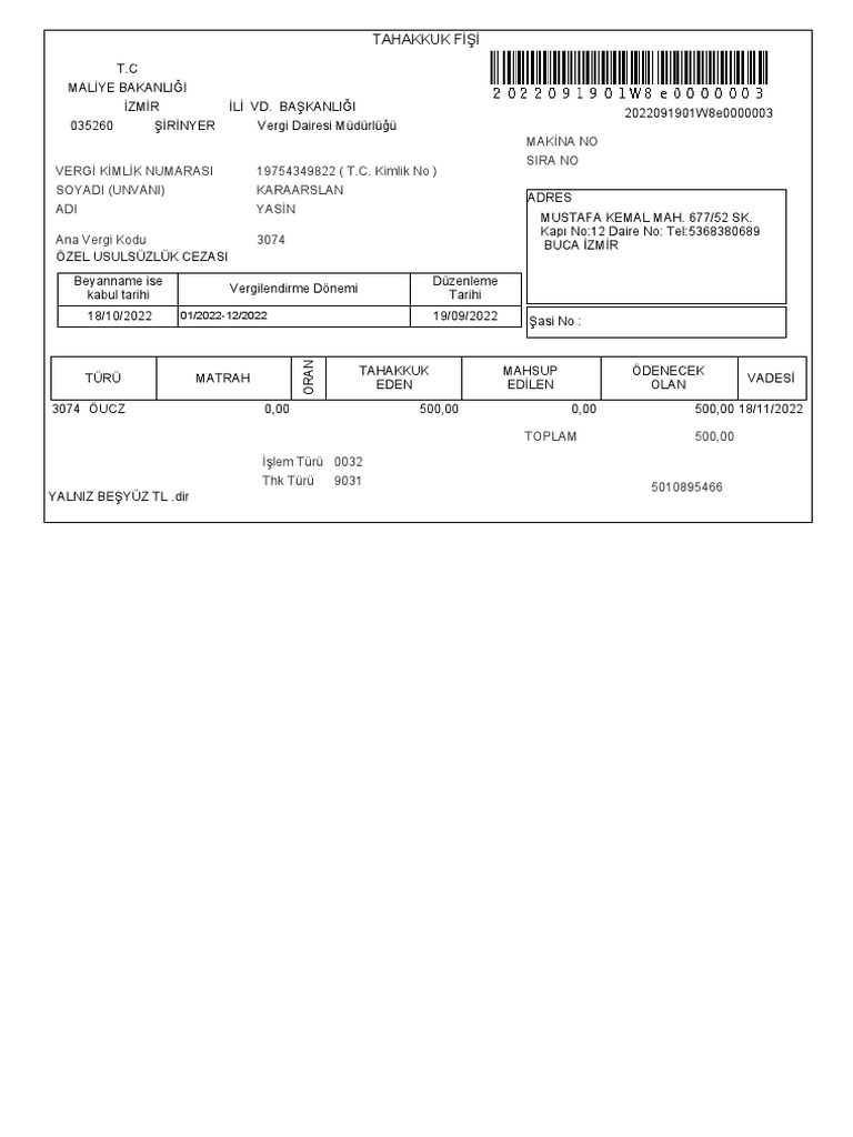 Yasi̇n Karaarslan Özel Usulsüzlük Cezasi Tahakkuk | PDF