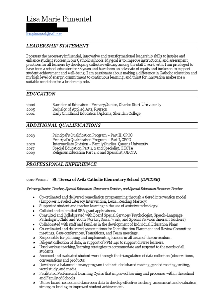 Lisa Pimentel Resume - Leadership | PDF | Teachers | Special Education