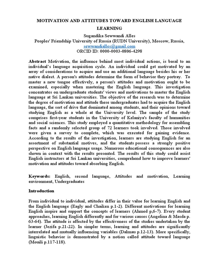 Motivation and Attitudes Toward English Language Learning | PDF ...