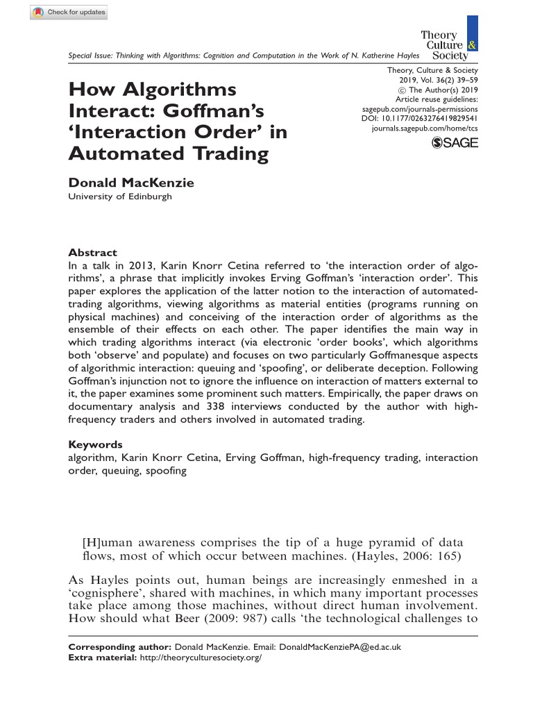 Mackenzie 2019 How Algorithms Interact Goffman S Interaction Order in Automated Trading | PDF