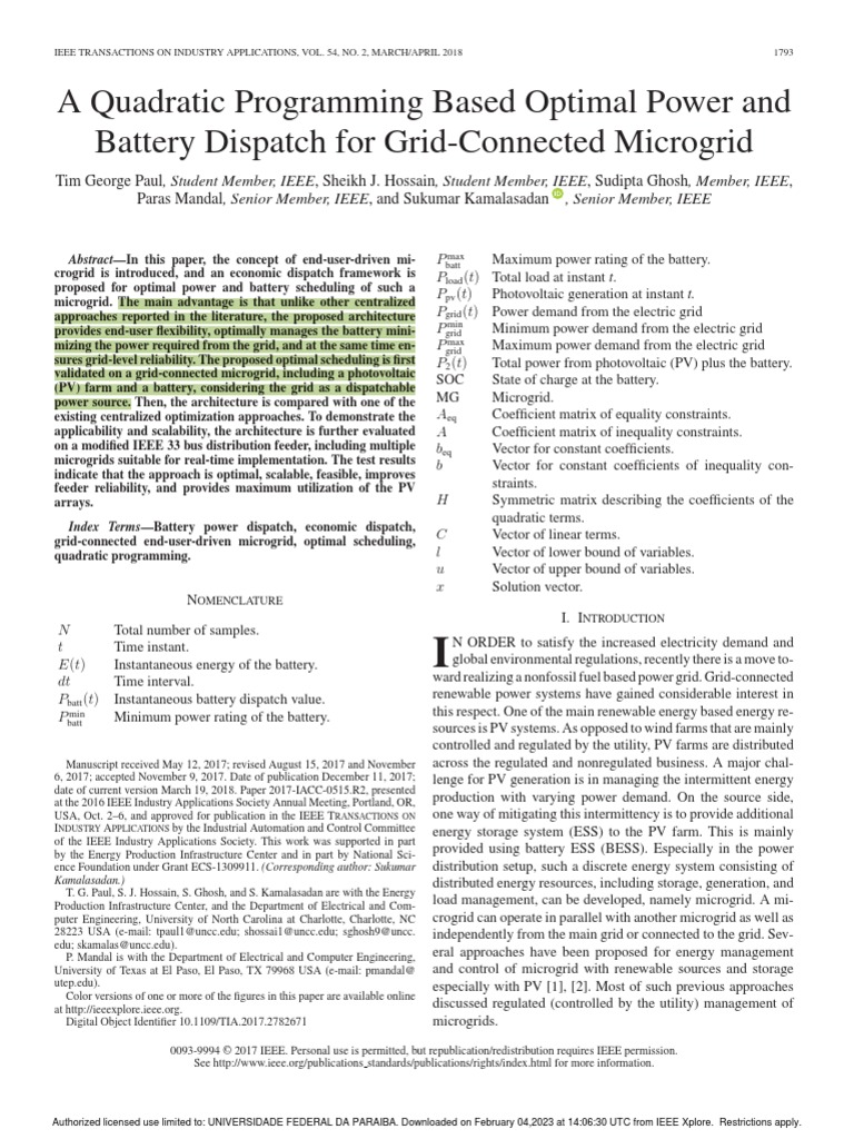 A Quadratic Programming Based Optimal Power And Battery Dispatch For Grid Connected Microgrid 7506