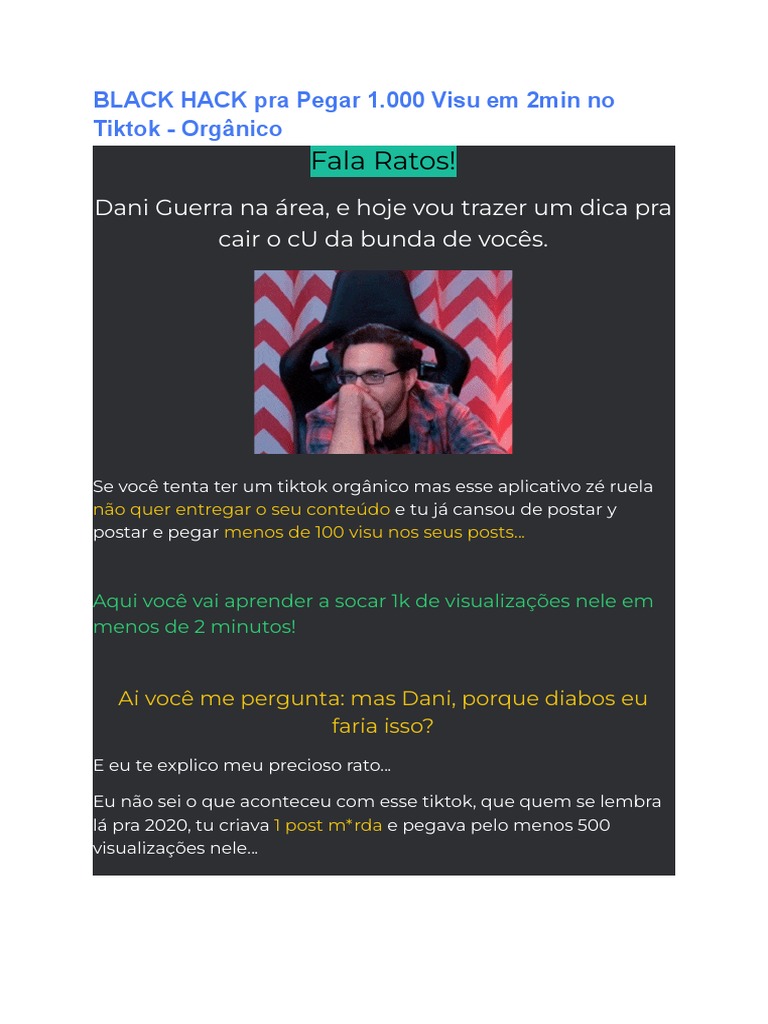 BLACK HACK Pra Pegar 1 000 Visu em 2min No Tiktok Orgânico | PDF