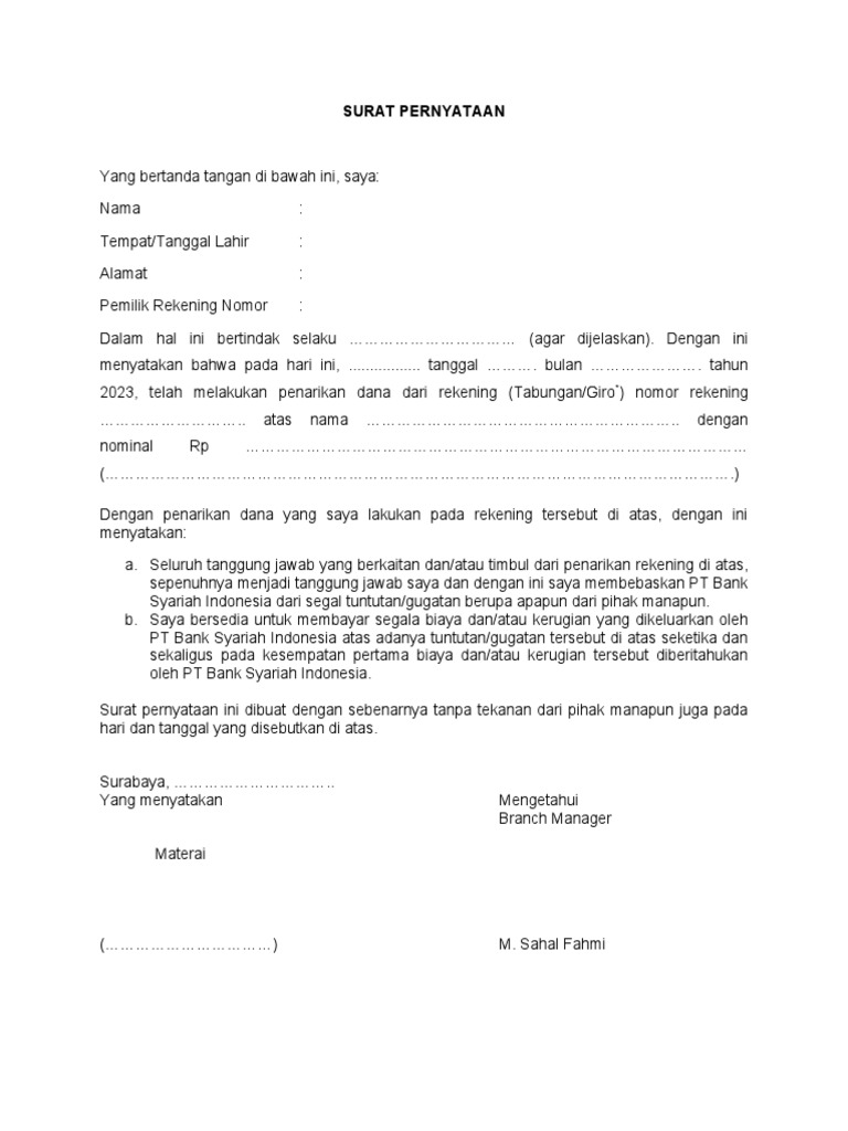 SURAT PERNYATAAN PENARIKAN TUNAI | PDF
