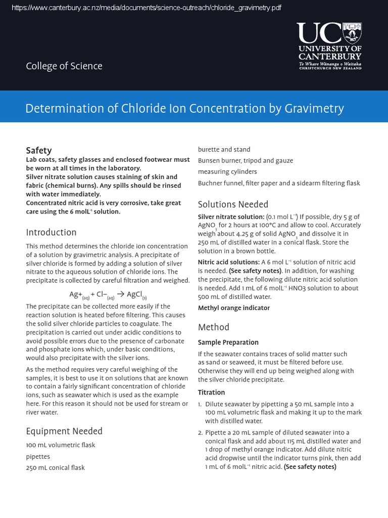 Gravimetric Determination Chloride | PDF | Precipitation (Chemistry) | Nitric Acid