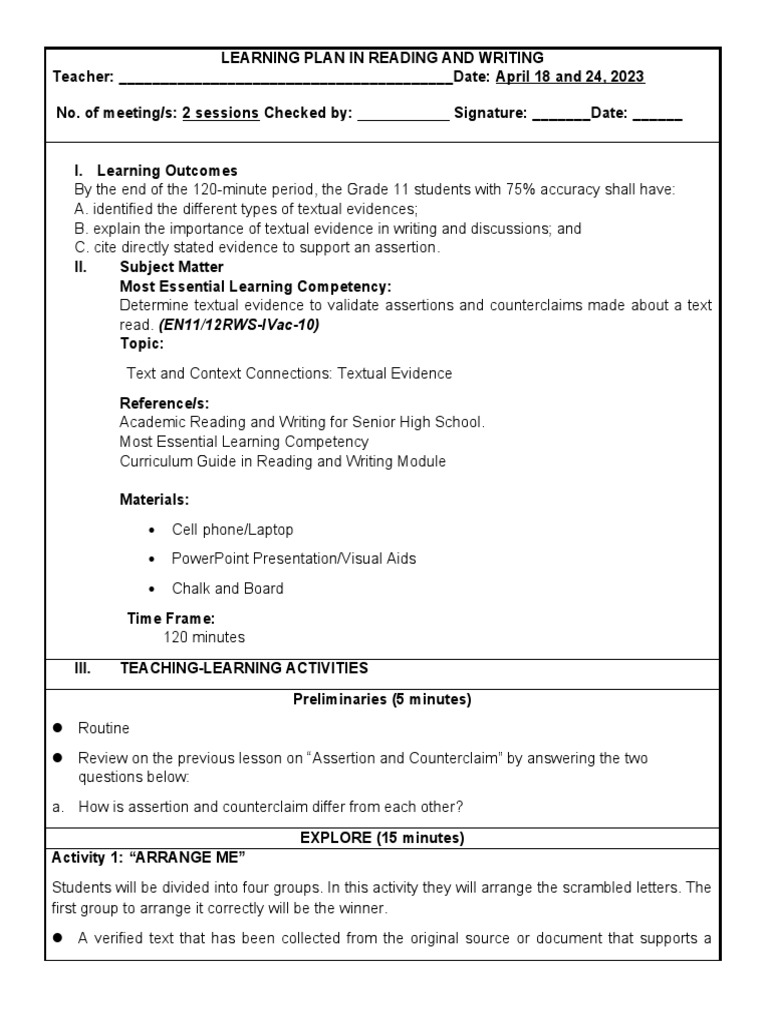 Lesson Plan in Textual Evidences | PDF | God | Learning