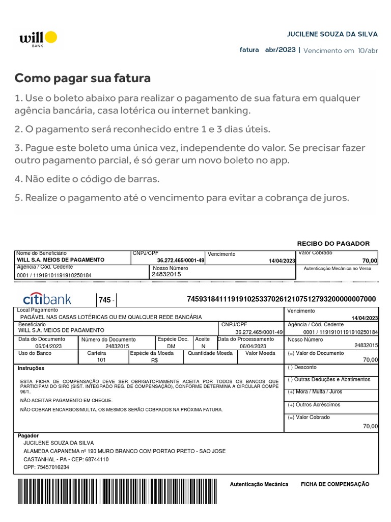 Boleto Fatura Will | PDF | Bancos | Economias