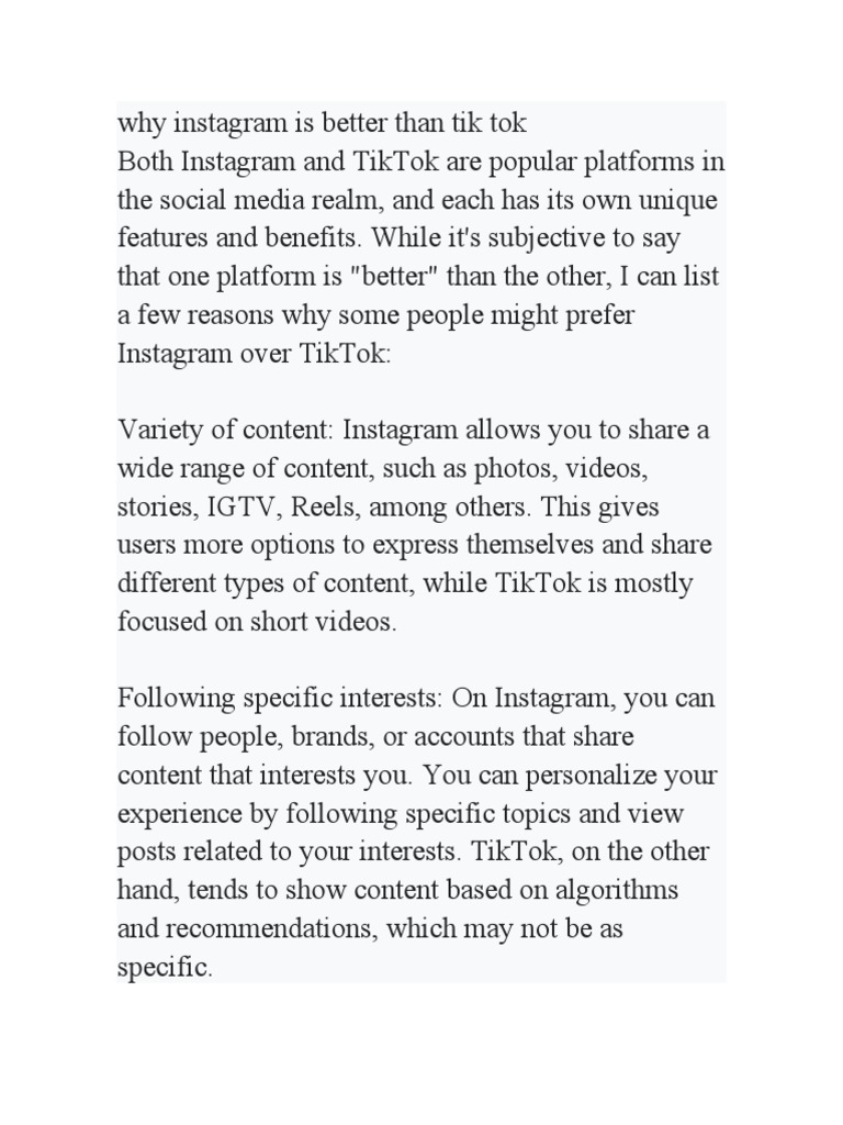 Why Instagram Is Better Than Tik Tok | PDF