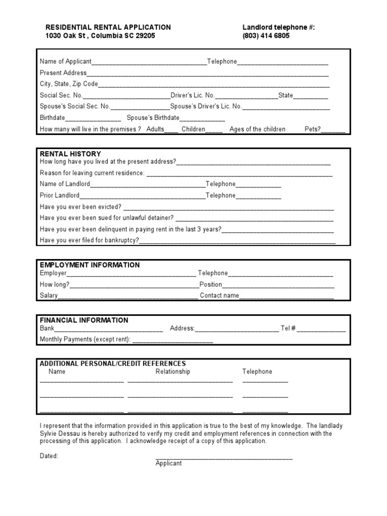 South Carolina Rental Application Form | PDF | Eviction | Landlord