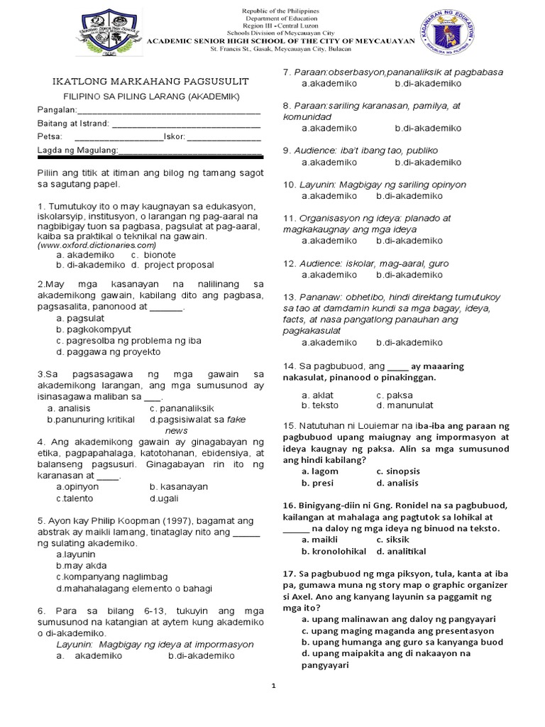 3rd Periodical Exam Piling Larang FINAL | PDF