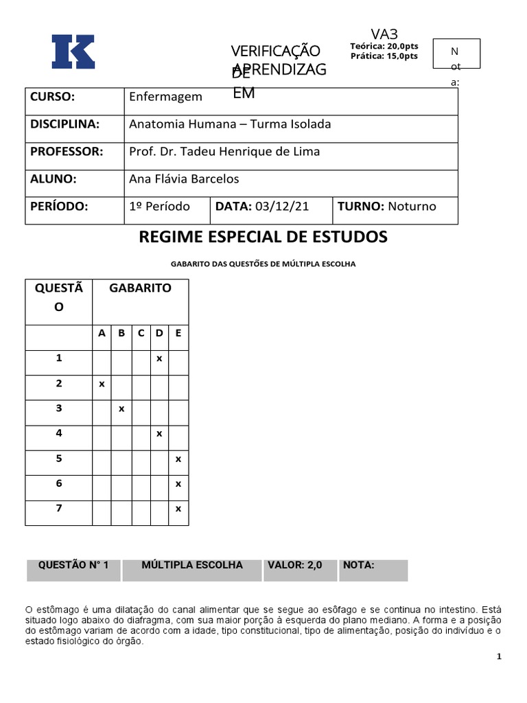 2021 - 2 - VA3 - Anatomia - Enfermagem - Prof Tadeu | PDF | Sistema respiratório | Câncer