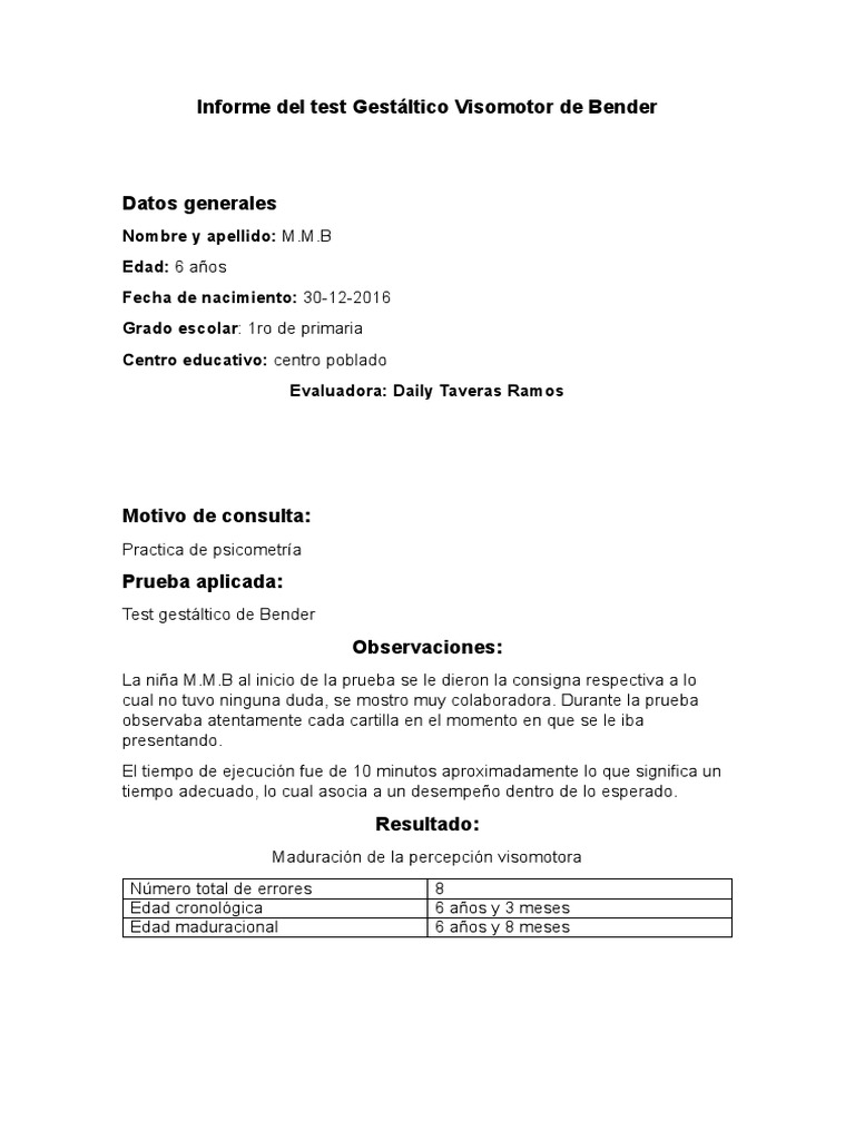 Informe Del Test de BENDER | PDF