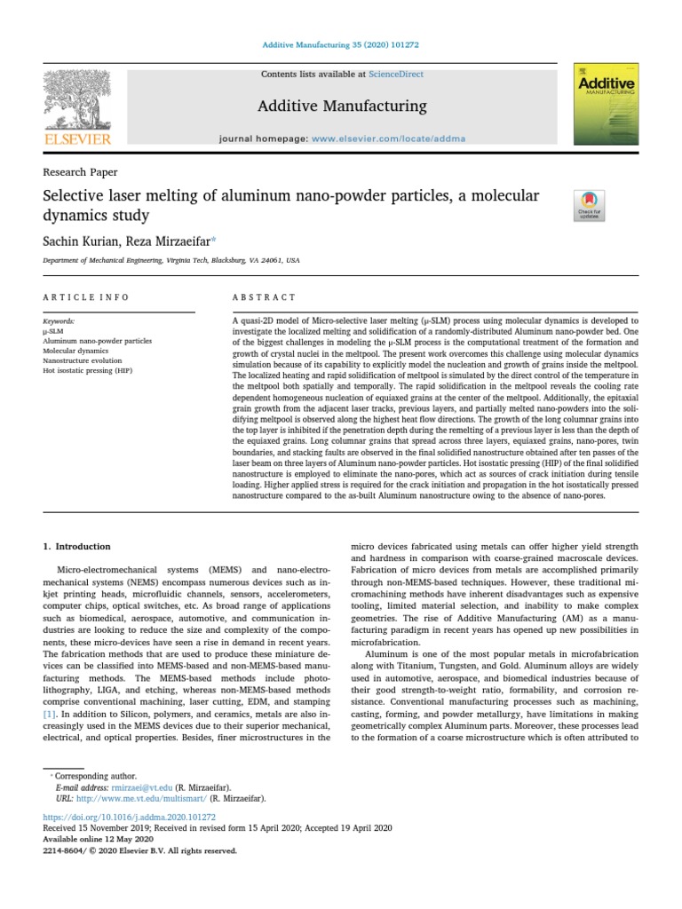 Selective Laser Melting of Aluminum Nano-Powder Particles, A Molecular ... Selective Laser Melting of Aluminum Nano-Powder Particles, A Molecular ...
