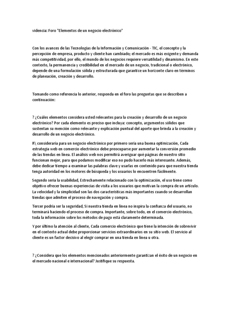 Evidencia Foro Elementos de Un Negocio Electronico | PDF