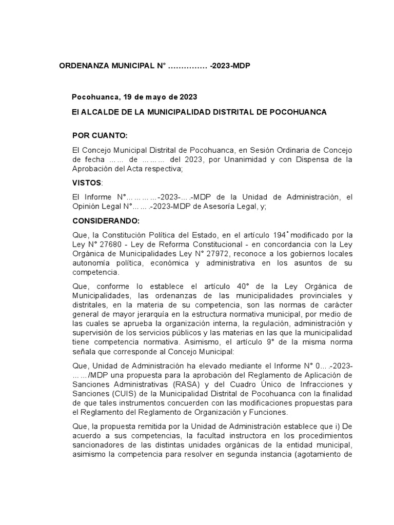 Ordenanza Municipal - 2023-MD.., Que Aprueba El Reglamento de Aplicación de Sanciones ...