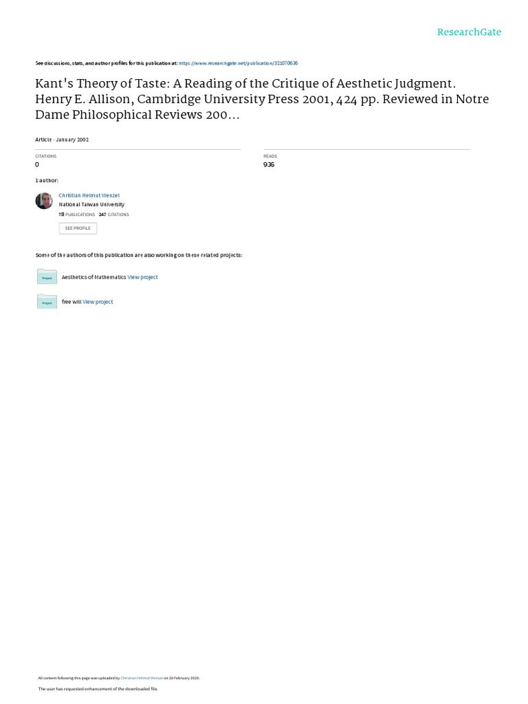 Henry Allison Kants Theoryof Taste Reviewedby Wenzel NDPR2002 | PDF ...