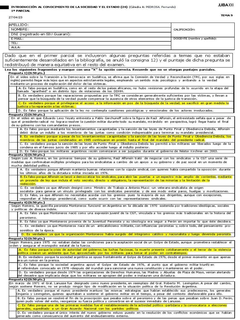 ICSE- Primer Parcial TEMA 9 - CLAVES DE CORRECCIÓN | PDF | Estado ...