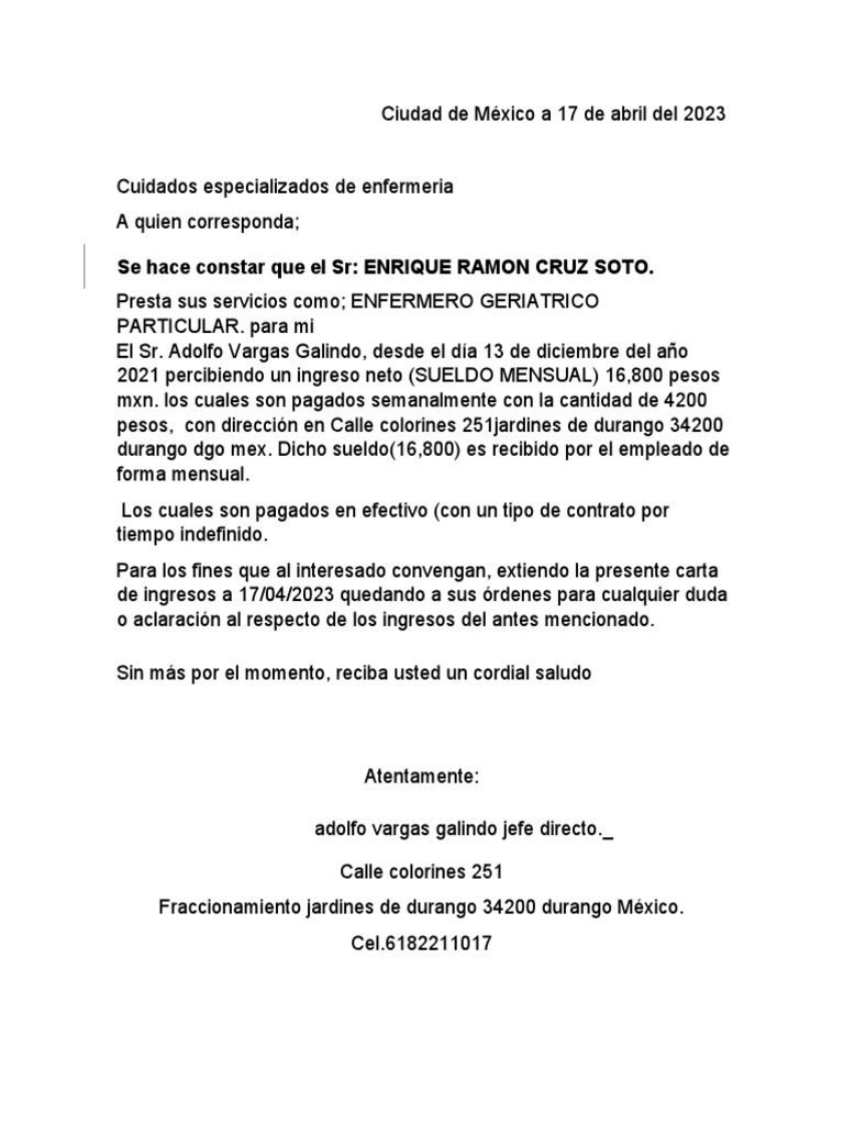 Carta de Ingresos Completa (Ejemplo) | PDF