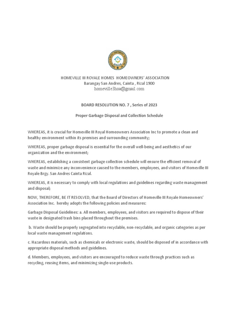 Board Resolution No 7 2023 | PDF | Waste Management | Waste