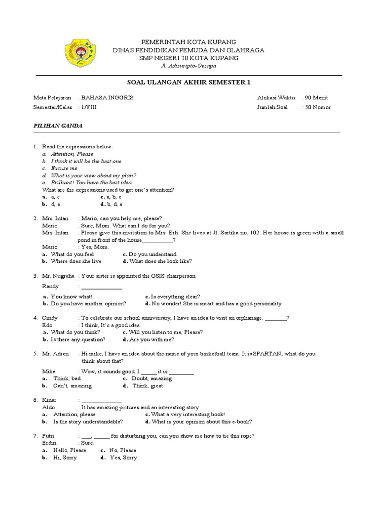 Semester 1 English Exam for SMP 20 Kupang | PDF | Linguistics | Human ...