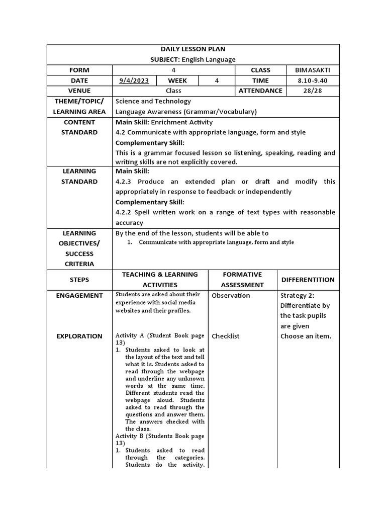 RPH Form 4 WEEK 3 | PDF | Differentiated Instruction | Pedagogy