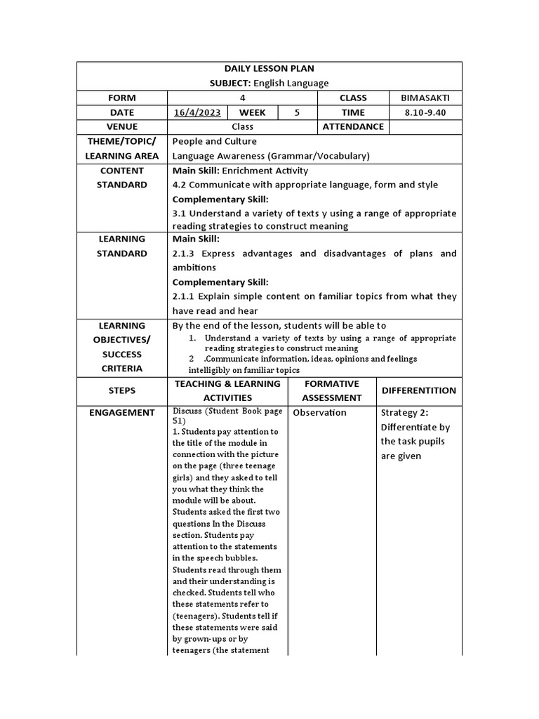 RPH Form 4 WEEK 5 | PDF | Cognitive Science | Learning