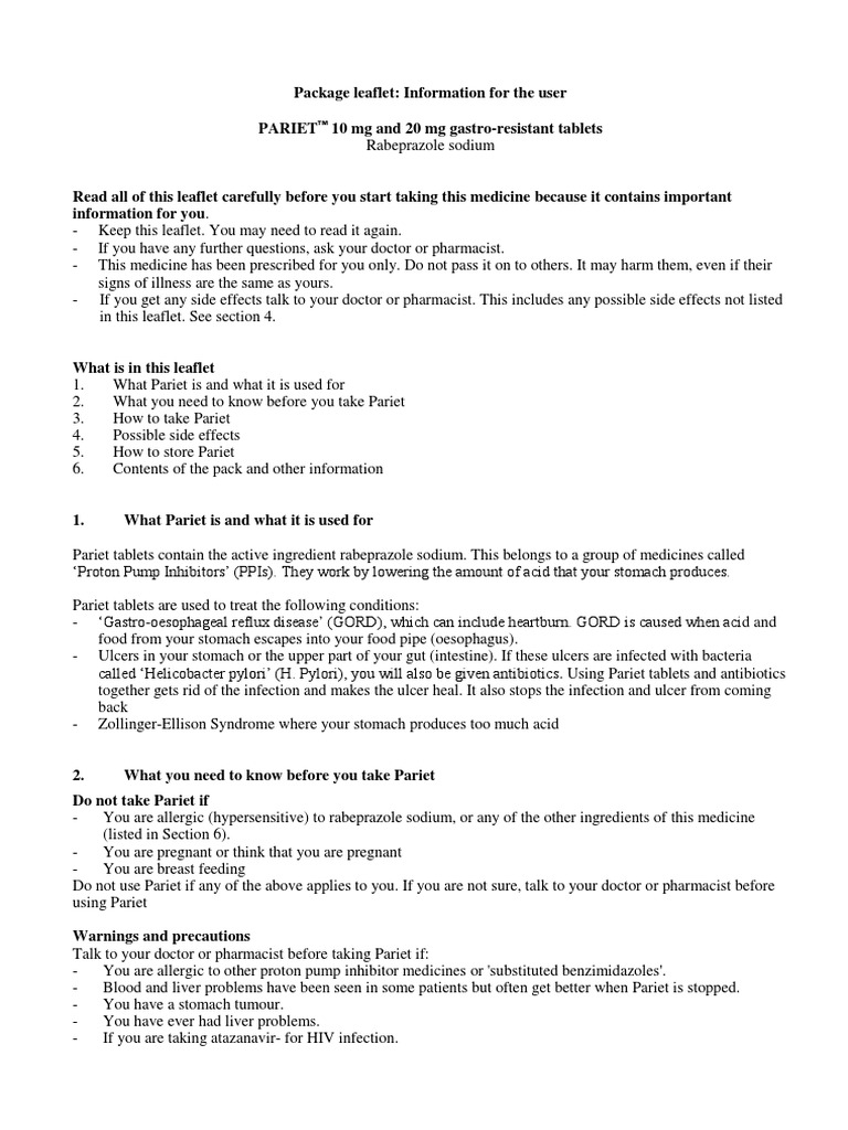 PARIET 10mg and 20mg Leaflet - Version Pari/0005/2020 | PDF ...
