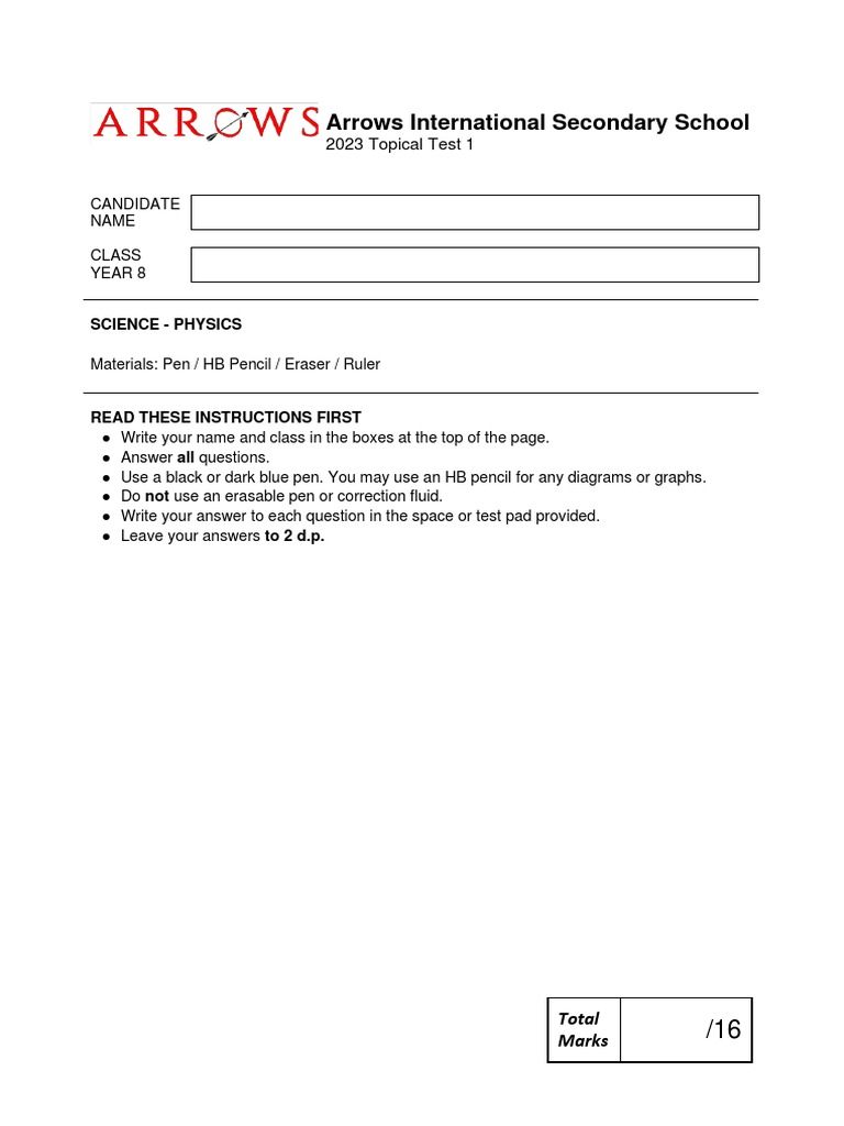 Physics Paper - Year 8 | PDF | Force | Applied And Interdisciplinary ...